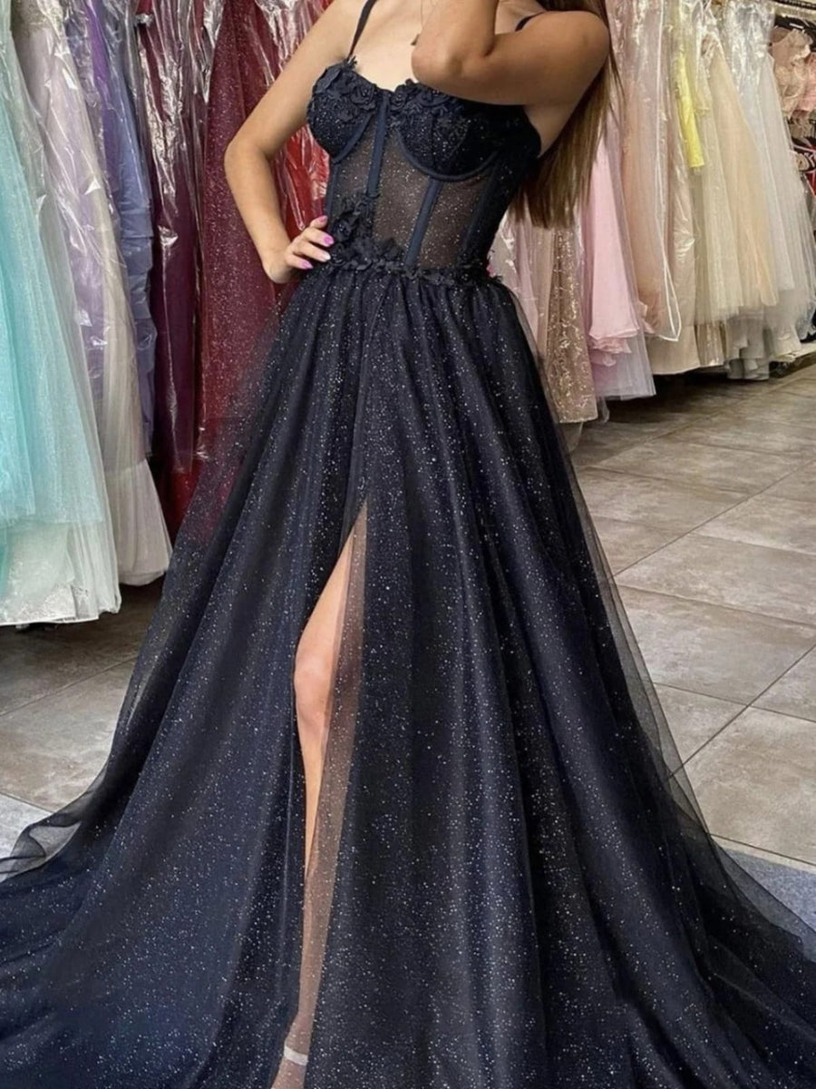 Black Glitter Illusion Corset Straps A Line Split Tulle Wedding Dress