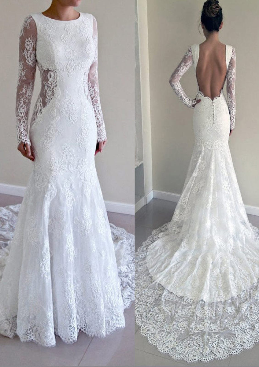 Long Sleeve Open Back Chapel Mermaid Lace Wedding Dress - Princessly