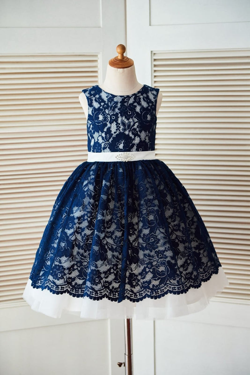Princess Navy Blue Lace Ivory Tulle Wedding Flower Girl Dress Princessly