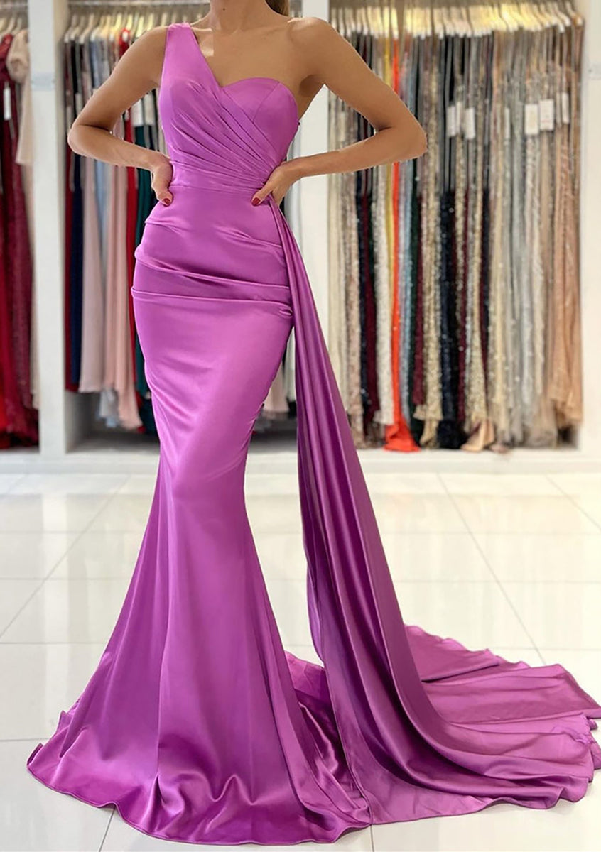 Trumpet One-Shoulder Sleeveless Sweep Train Satin Long Prom Dress, Ple ...