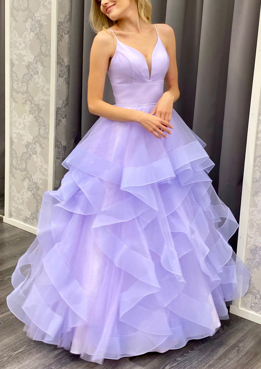 A-line V Neck Spaghetti Straps Floor-Length Lilac Tulle Prom Dress, Ho ...