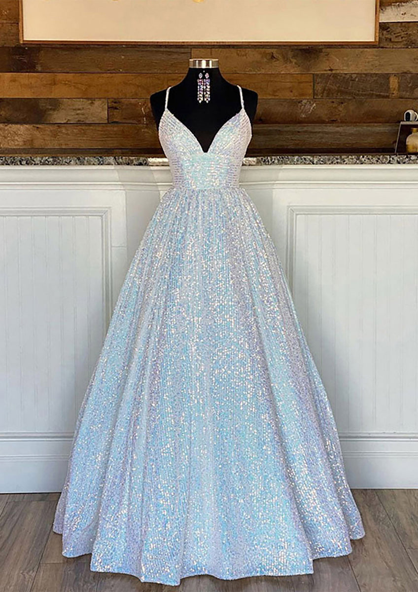Ball Gown Sleeveless V Neck Floor-Length Sequined Sparkling Prom Dress ...