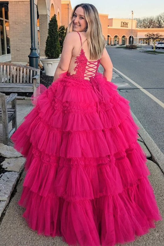 Straps Plunging Sleeveless Ruffle Tiered Cupcake Tulle Long Ball Gown ...