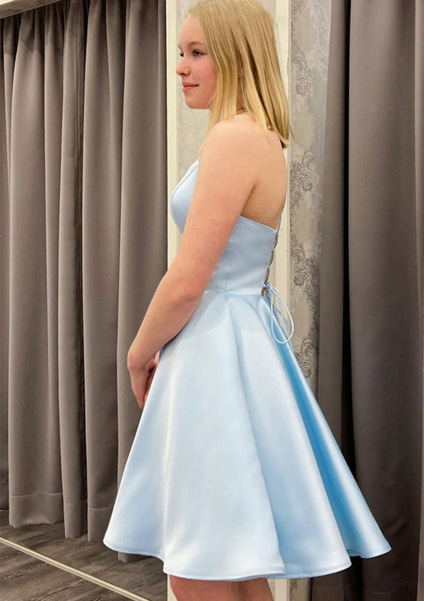 A-line Square Neck Sleeveless Strap Satin Short Mini Homecoming Dress ...