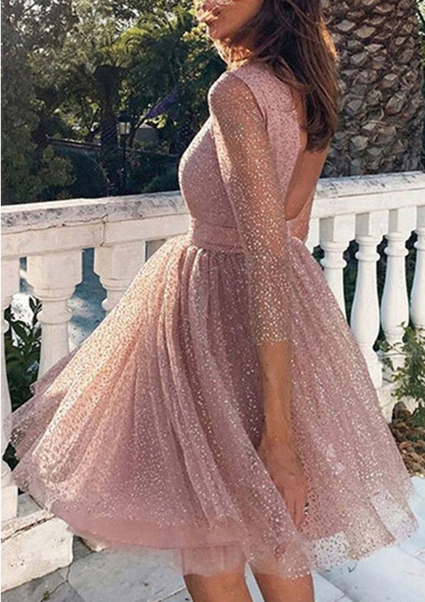 Glitter Bateau 3/4 Sleeve Metallic Yarn A-line Short Homecoming Dress ...