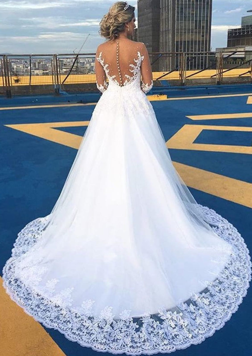 Ball Gown Covered Button Illusion Back Chapel Tulle Wedding Dress, Bea ...