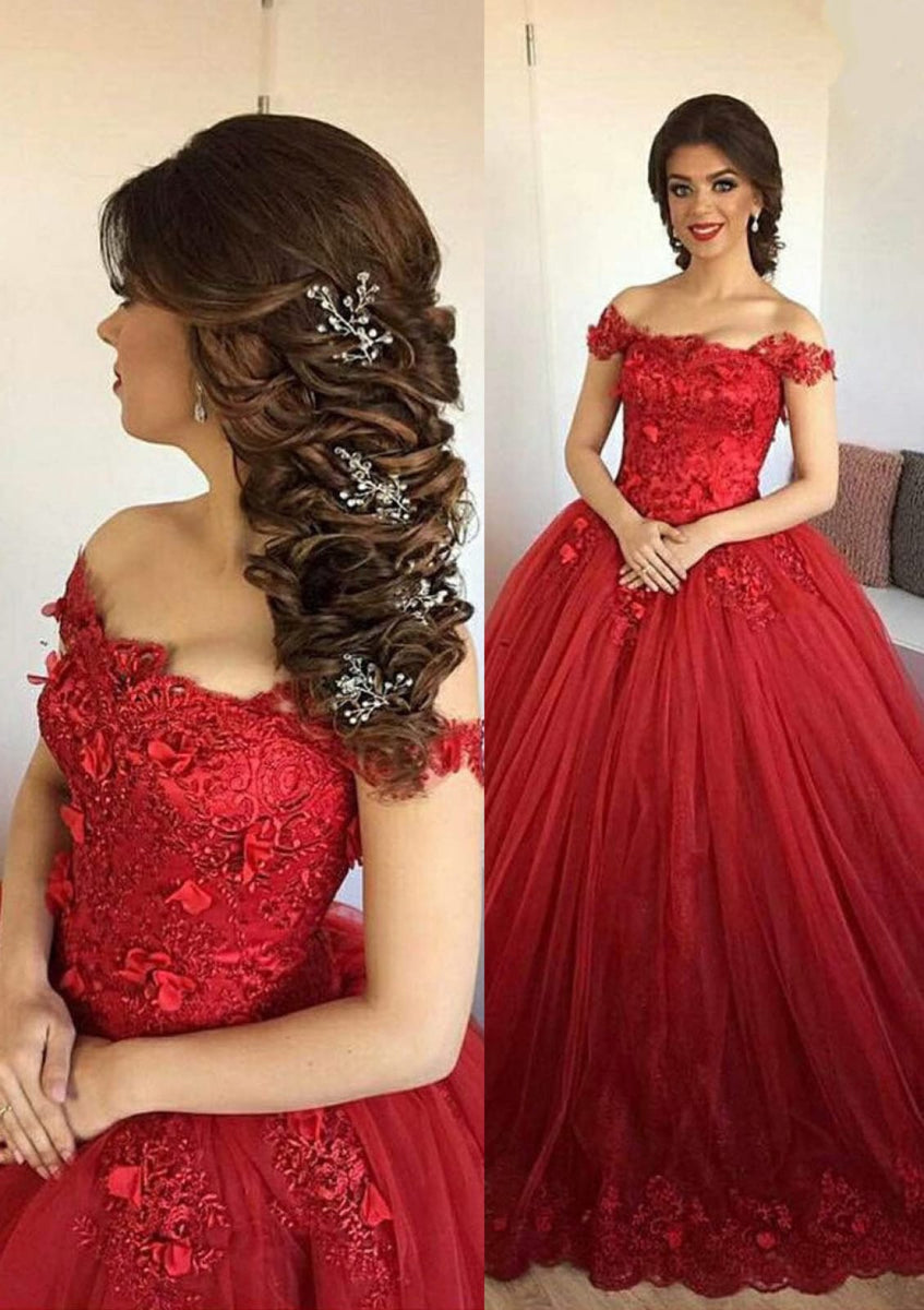 Ball Gown Off Shoulder Sleeveless Floor Length Sweep Red Lace Tulle Pr