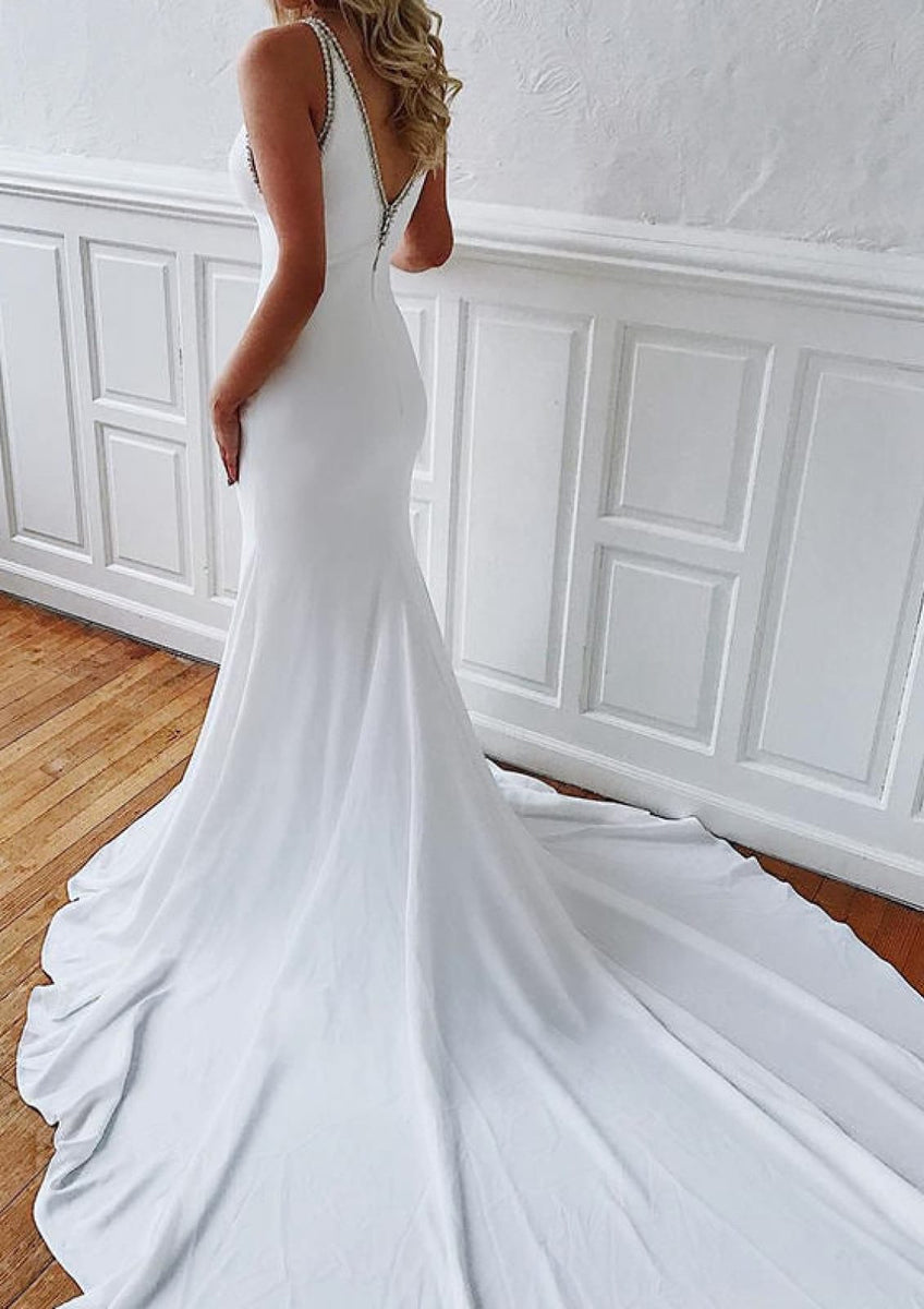 Bateau Sleeveless Mermaid Elastic Satin Wedding Dress, Fishtail ...