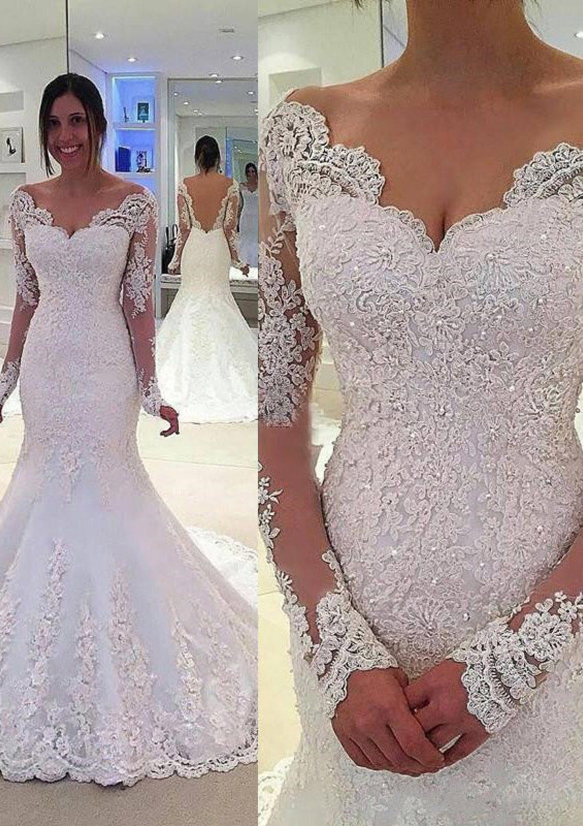 Beaded Ivory Lace Court Illusion Sleeve Trumpet Bridal Wedding Dress ...