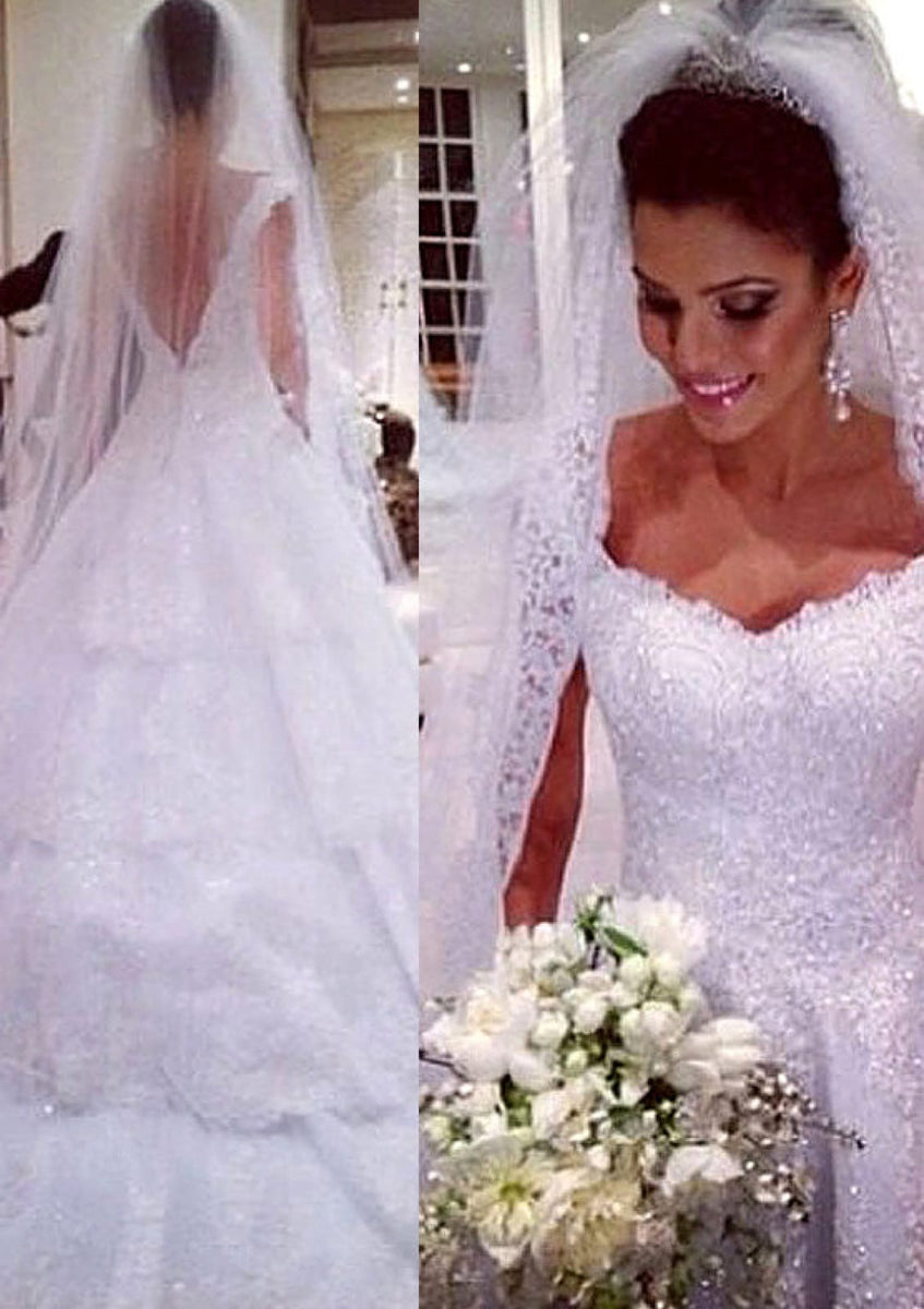 Beaded Lace Tulle Chapel Cupcake Ball Gown Wedding Dress - Princessly