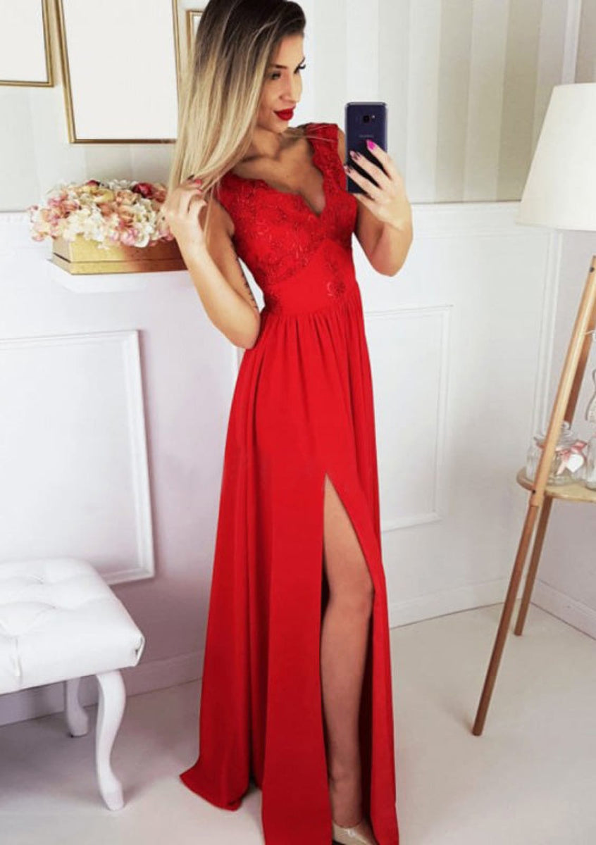 Beaded V Neck Split Pleats Floor Length Lace Satin Red Evening Dress ...