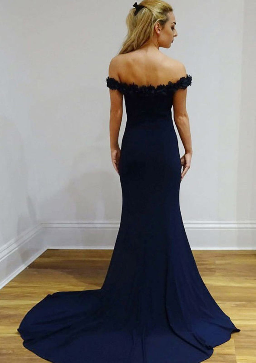 Column Off Shoulder Floor Length Court Navy Jersey Evening Dress, Flow ...