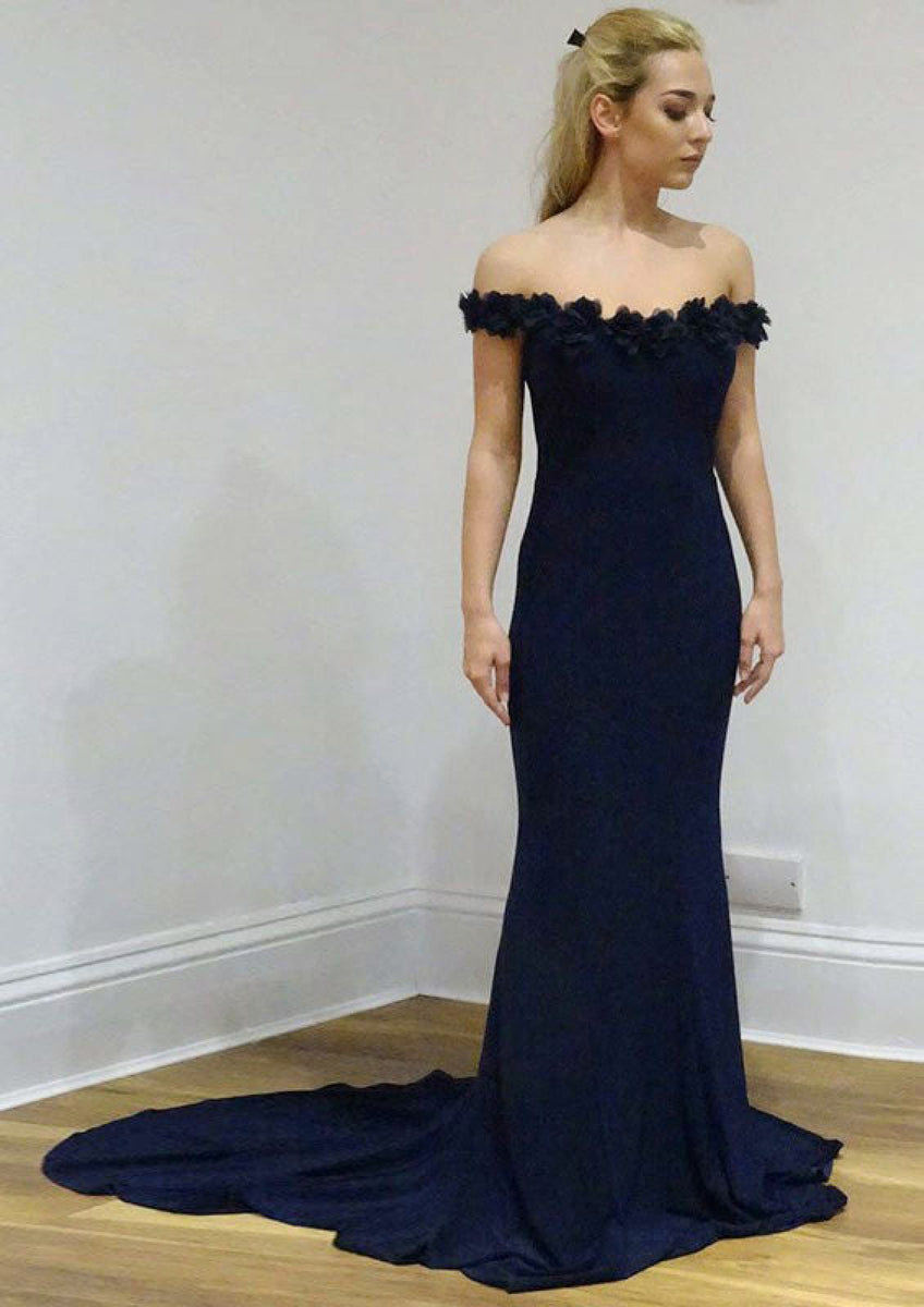 Column Off Shoulder Floor Length Court Navy Jersey Evening Dress, Flow ...