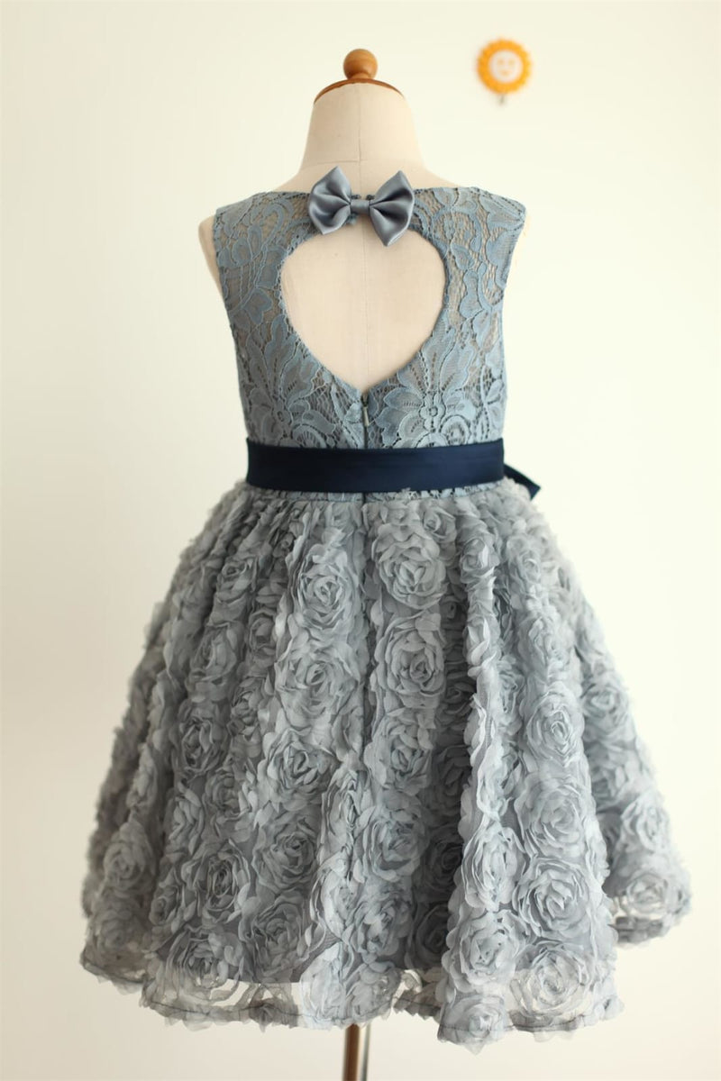 Gray Lace Rosette Keyhole Back Flower Girl Dress - Princessly