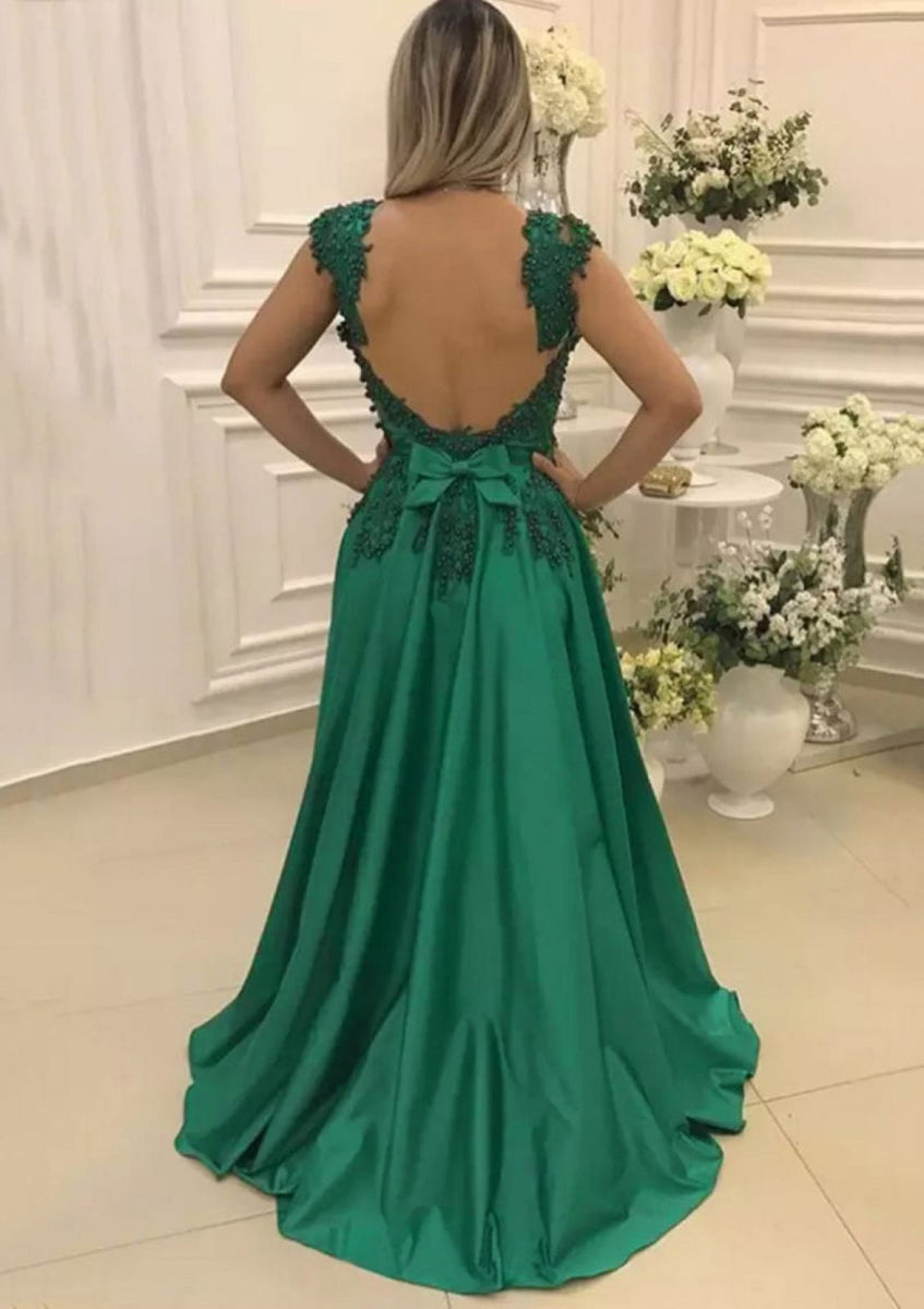 Green Satin Prom Dress A-Line Sweetheart Sleeveless Sweep, Beaded Bowk ...