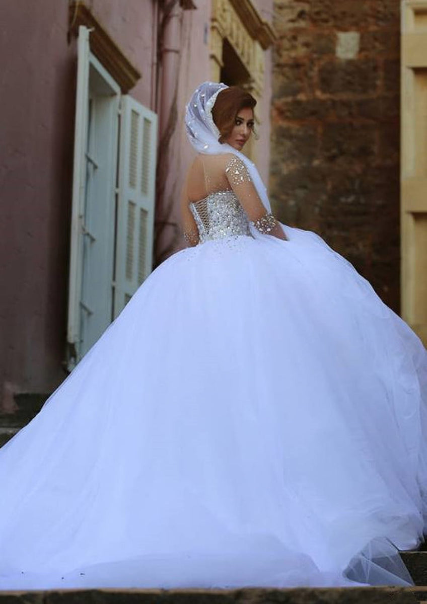 Illusion Ball Gown Chapel White Tulle Wedding Dress, Rhinestone ...