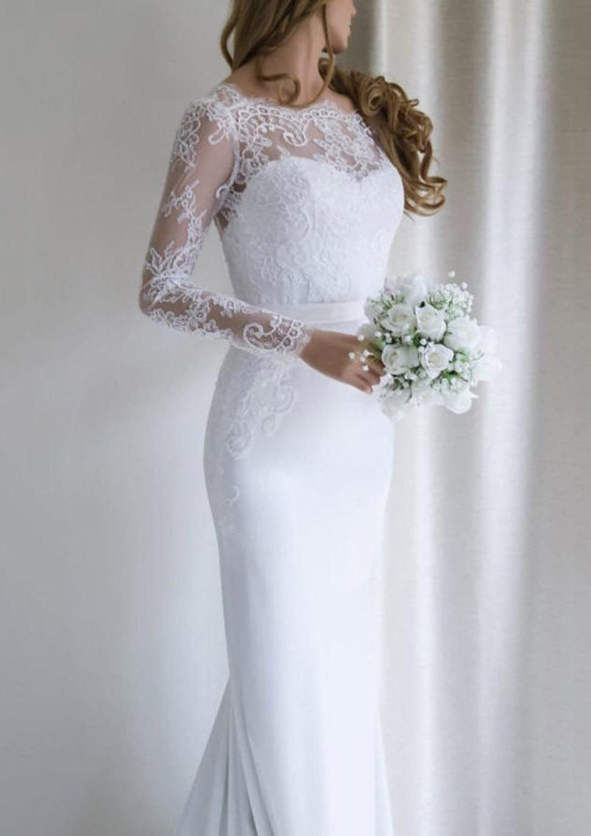 Lace Elastic Satin Bateau Long Sleeve Court Mermaid Wedding Dress, Fis ...