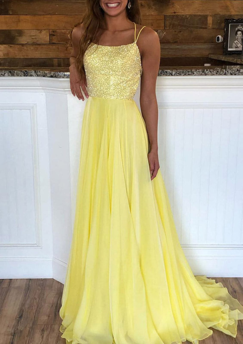 A-line Bateau Strap Sweep Train Crisscross Back Chiffon Prom Dress, Se ...