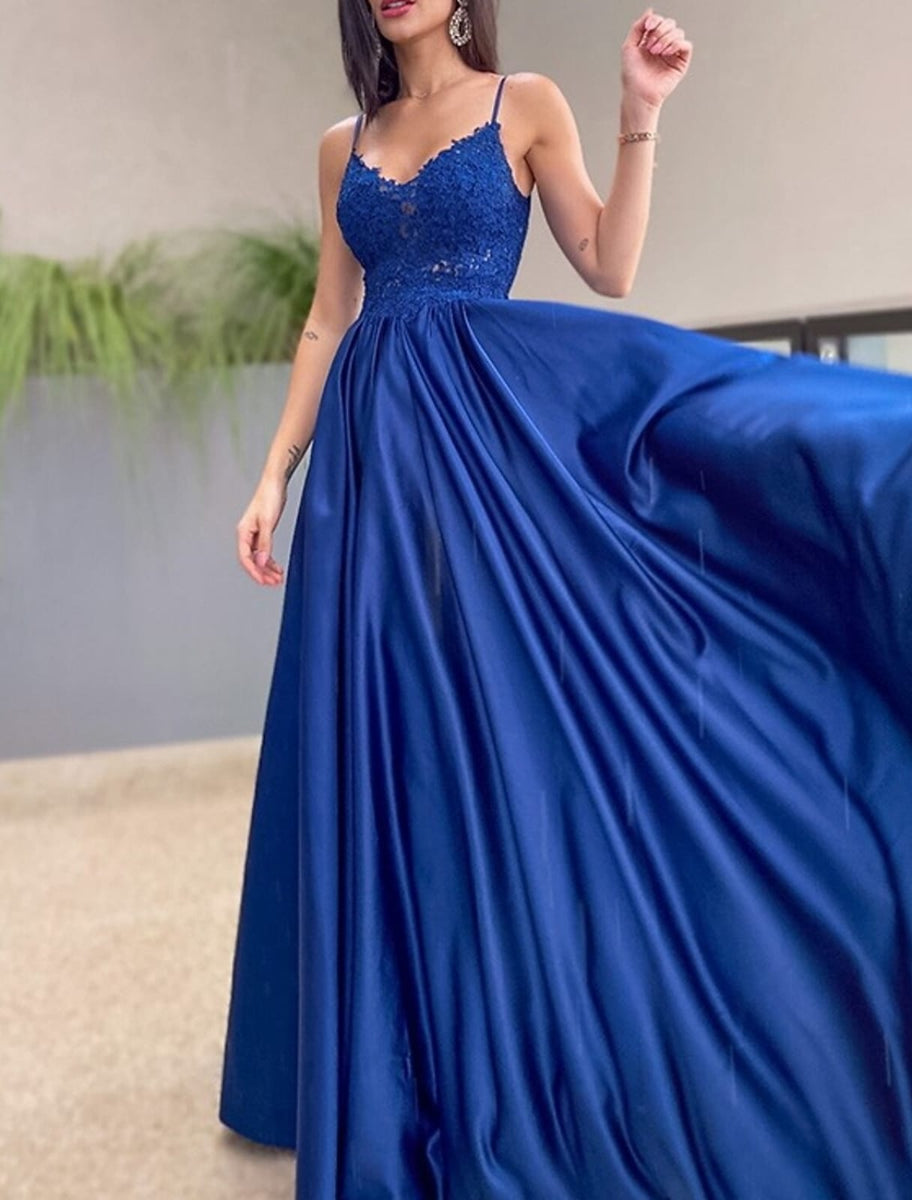 Long Prom Dress A-Line Straps V Neck Sleeveless Royal Blue Lace Satin ...