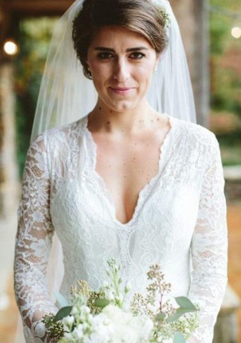 Mermaid V Neck Sweep Train Long Sleeve Lace Wedding Dress - Princessly