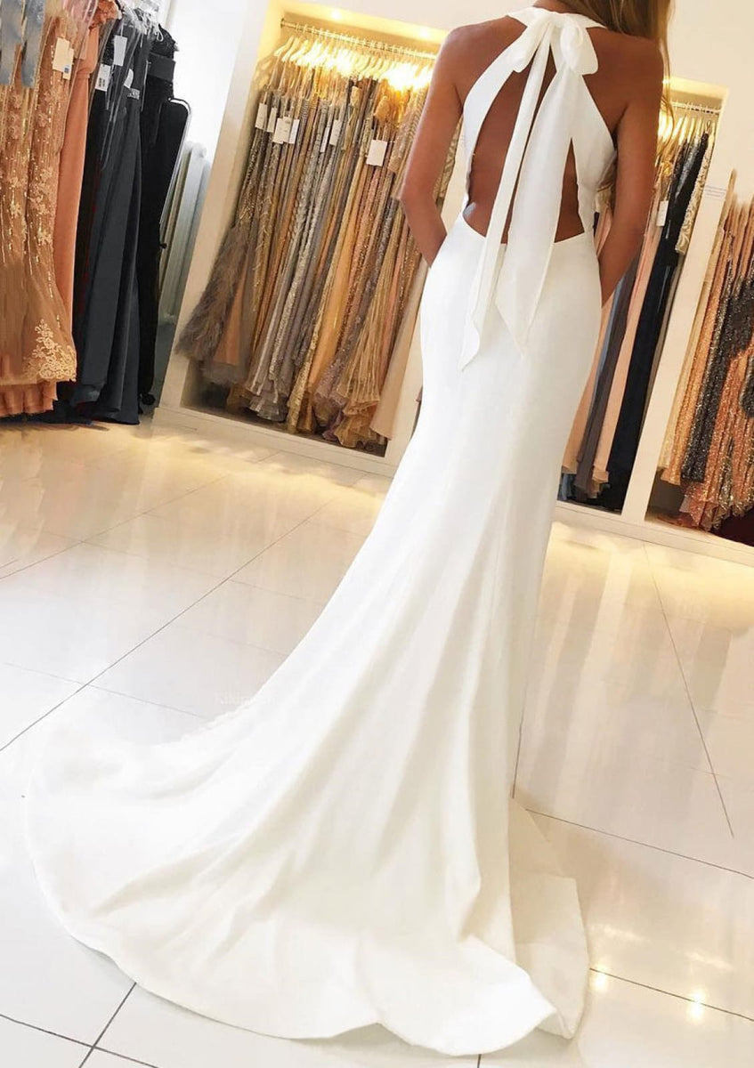 Mermaid Open Back Slit Ivory Satin Sweep Keyhole Halter Evening Gown ...
