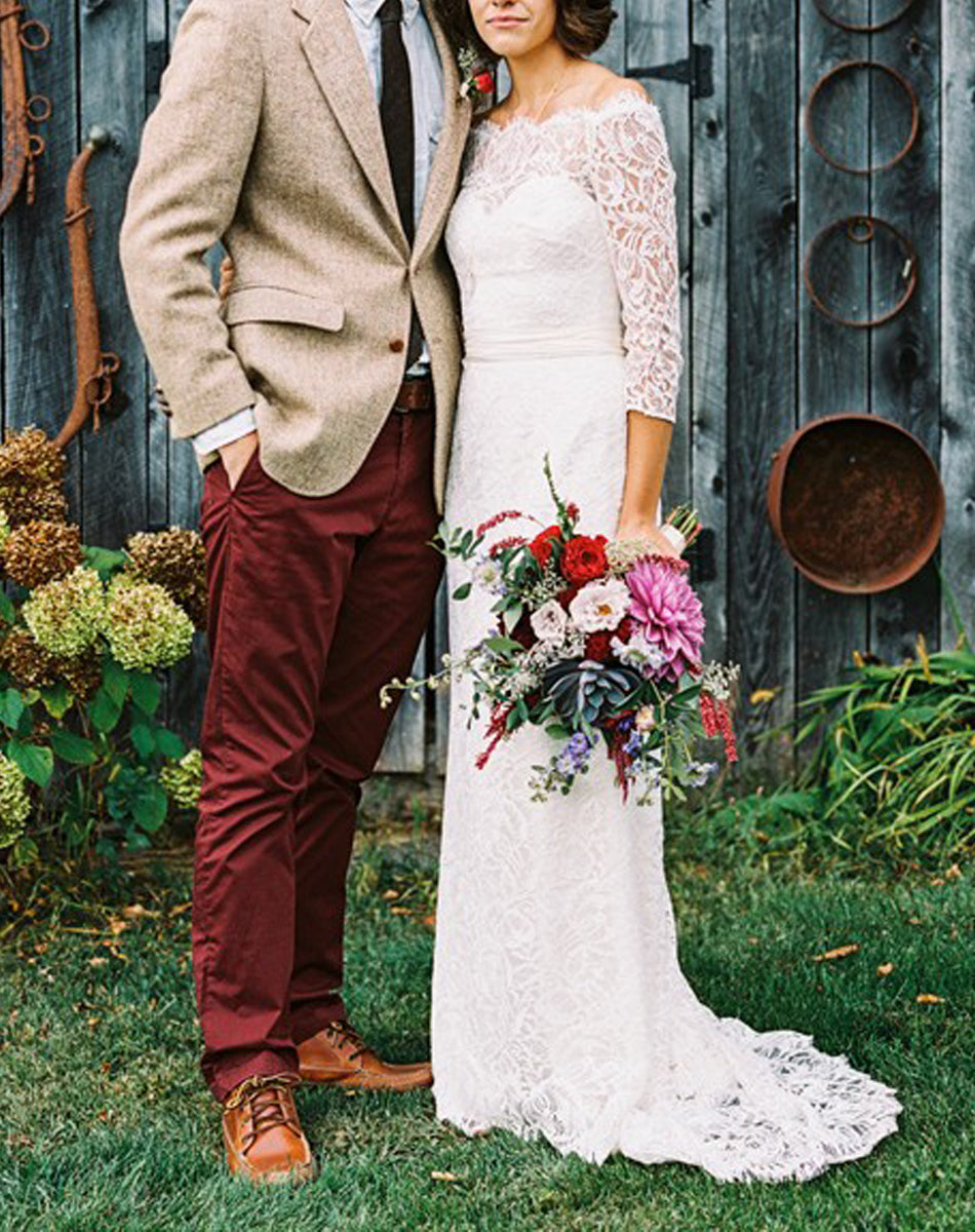 Column Scalloped Off Shoulder 3/4 Sleeve Sweep Lace Wedding Dress ...