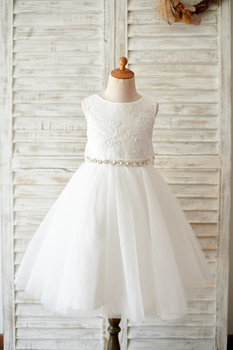Princess V Back Ivory Lace Tulle Wedding Flower Girl Dress Big Bow