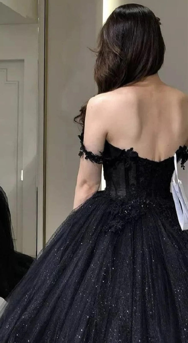 Princess Sweetheart Off Shoulder Glitter Black Tulle Wedding Dress ...