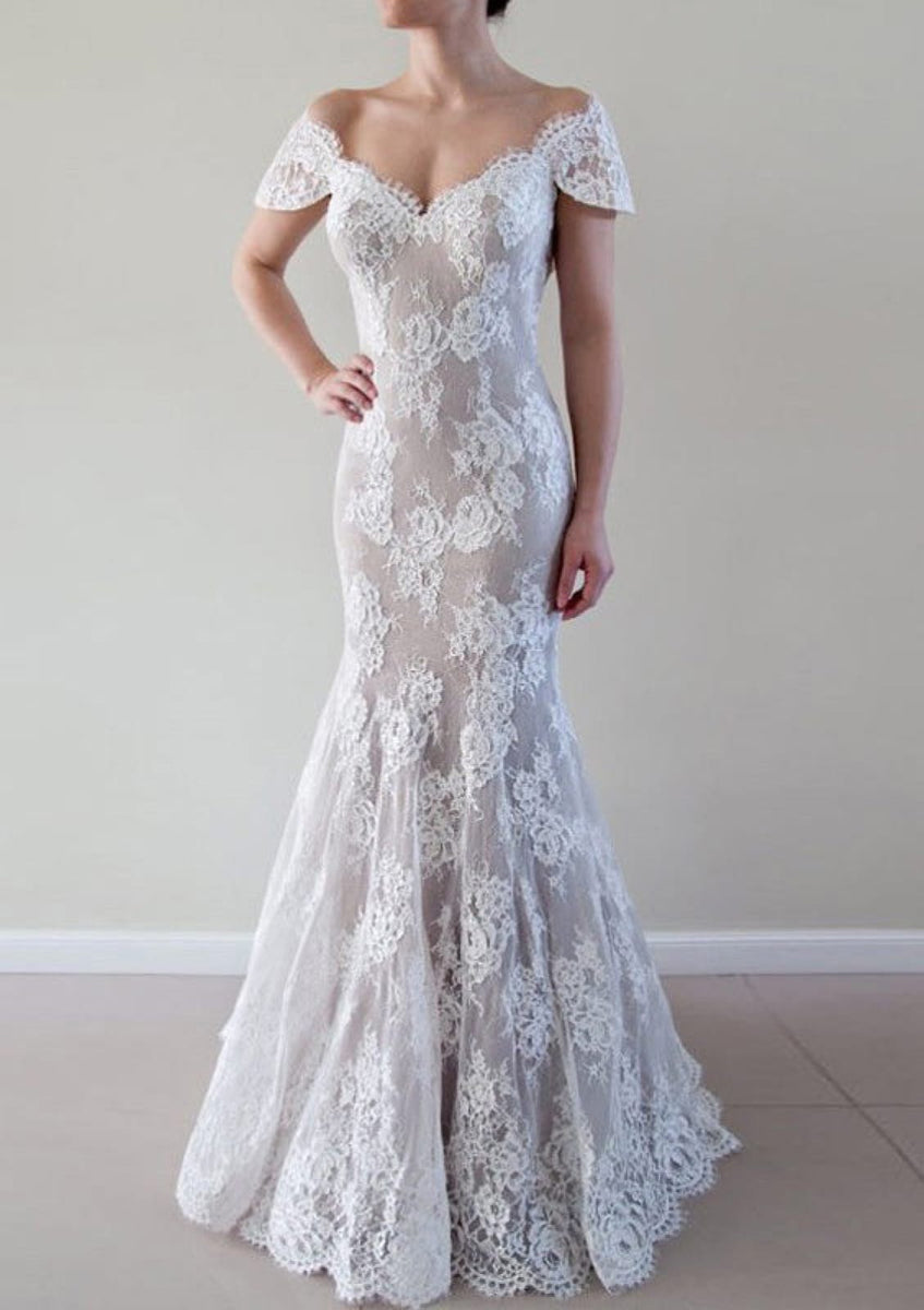 Off Shoulder Court Train Ivory Lace Mermaid Wedding Dress - Princessly