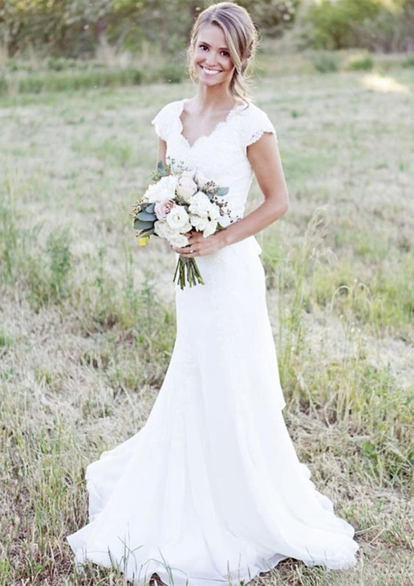 Cap Sleeve Mermaid Lace Chiffon Wedding Dress, Sash Buttons - Princessly