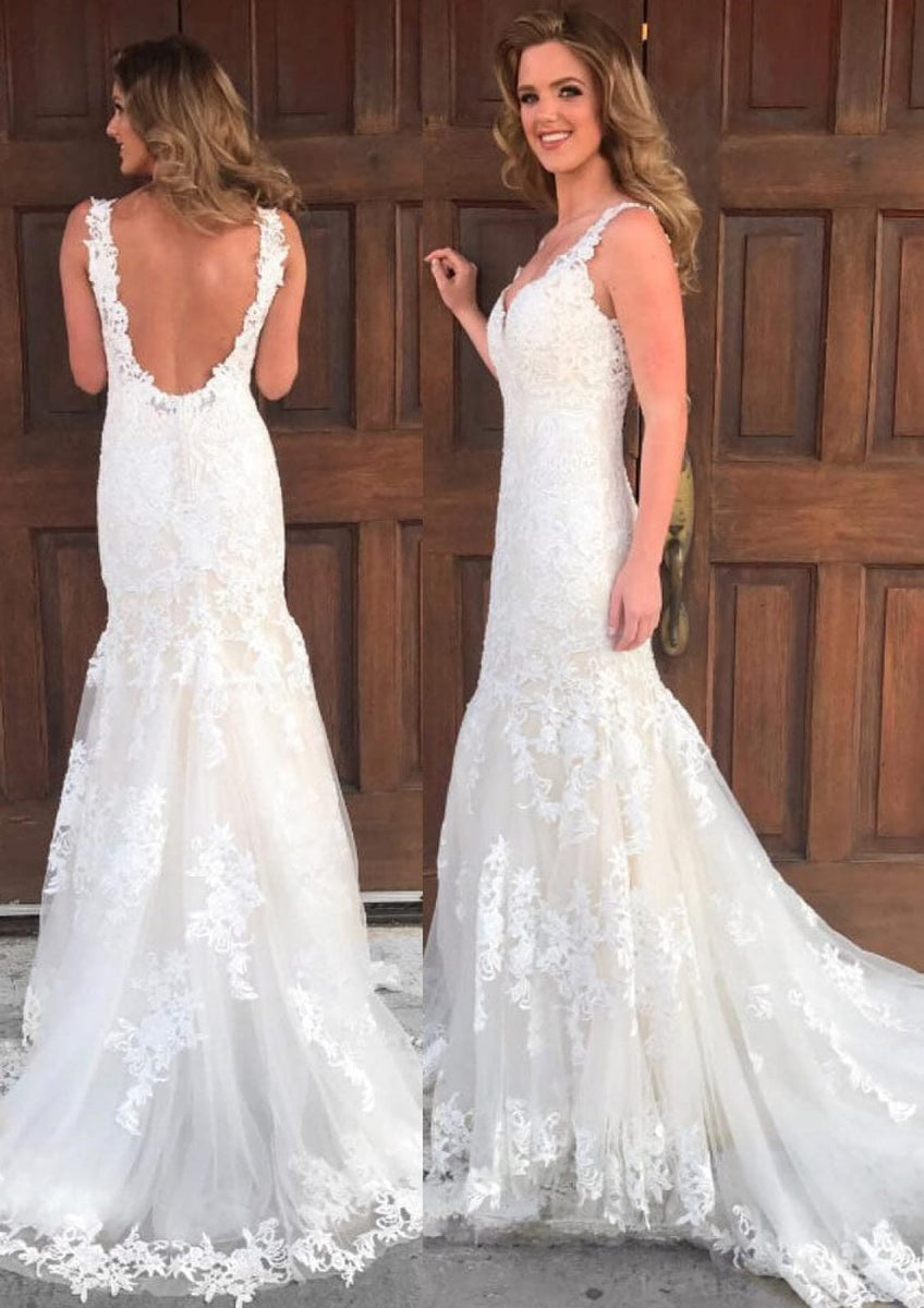 Sleeveless U Back Ivory Lace Tulle Sweep Train Sheath Wedding Dress ...