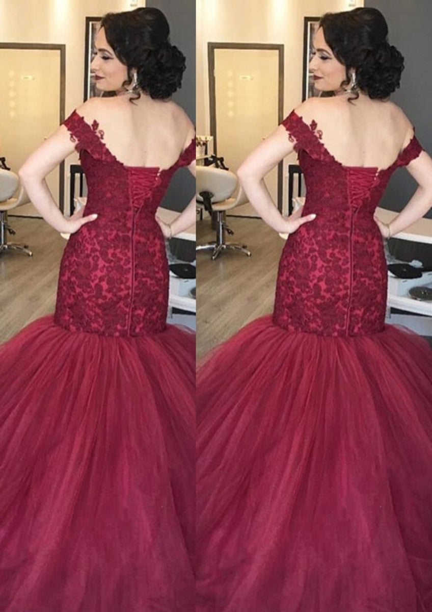 Tulle Prom Dress Burgundy Trumpet Sweetheart Sweep Off Shoulder, Lace ...