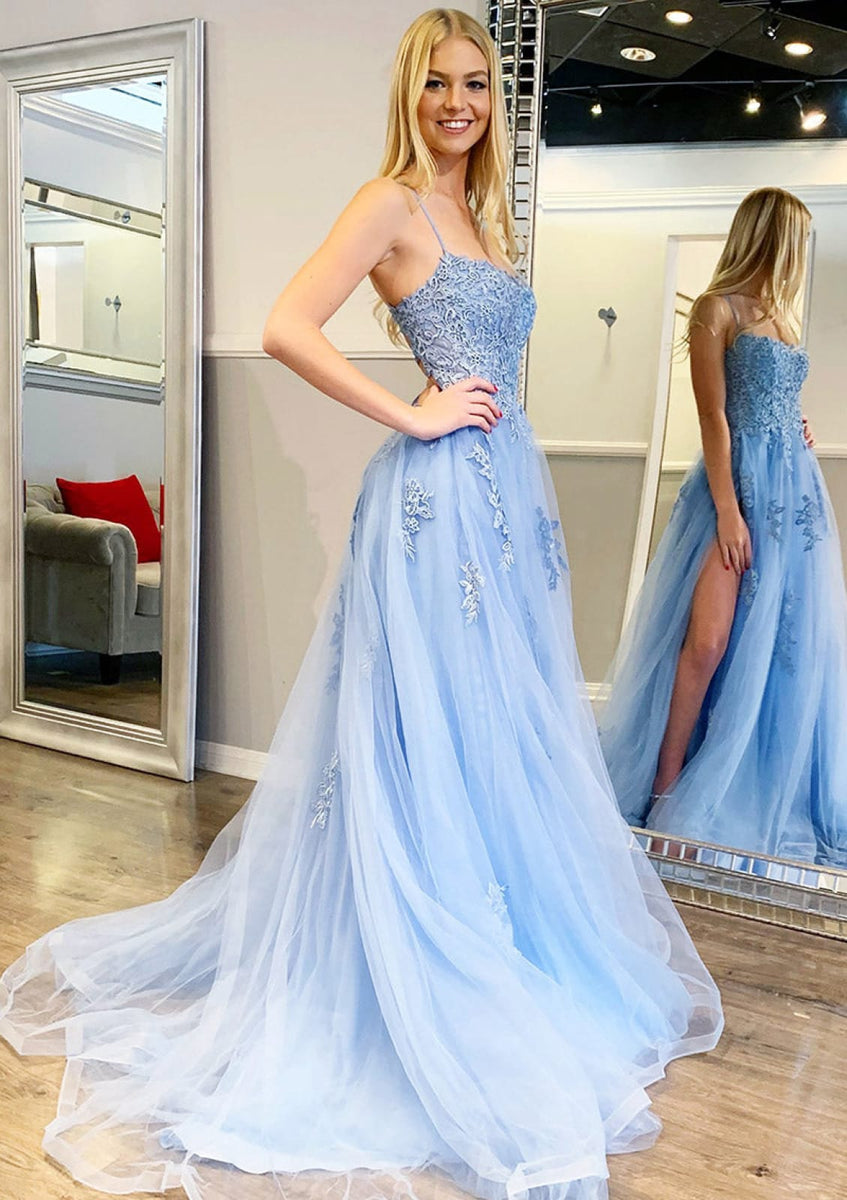 Tulle Prom Dress A-line Sky Blue Lace-up Sweep Sleeveless Split Lace ...