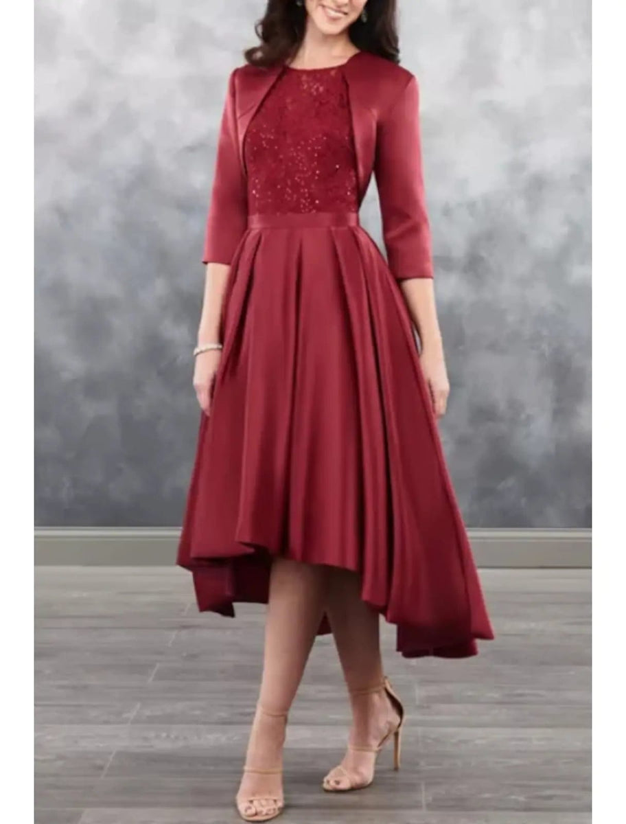 Two Piece Hi Low Scoop Neck Satin Mother of Bride Dress, 3/4 Sleeve Co ...