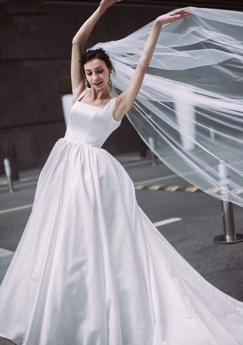 White Satin Ball Gown Square Lace Up Cathedral Sleeveless Wedding Dres ...